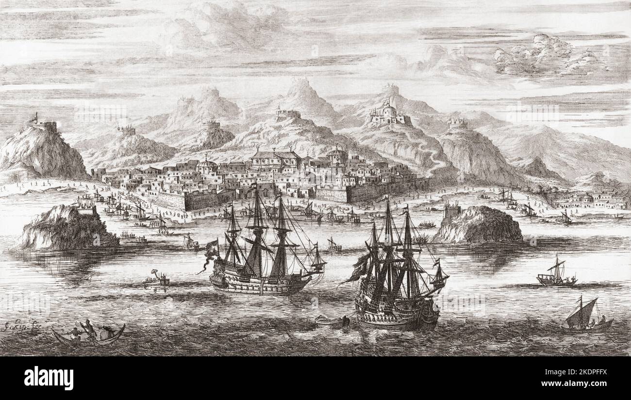Dutch ships in front of the fortified city of Muscat capital of present ...