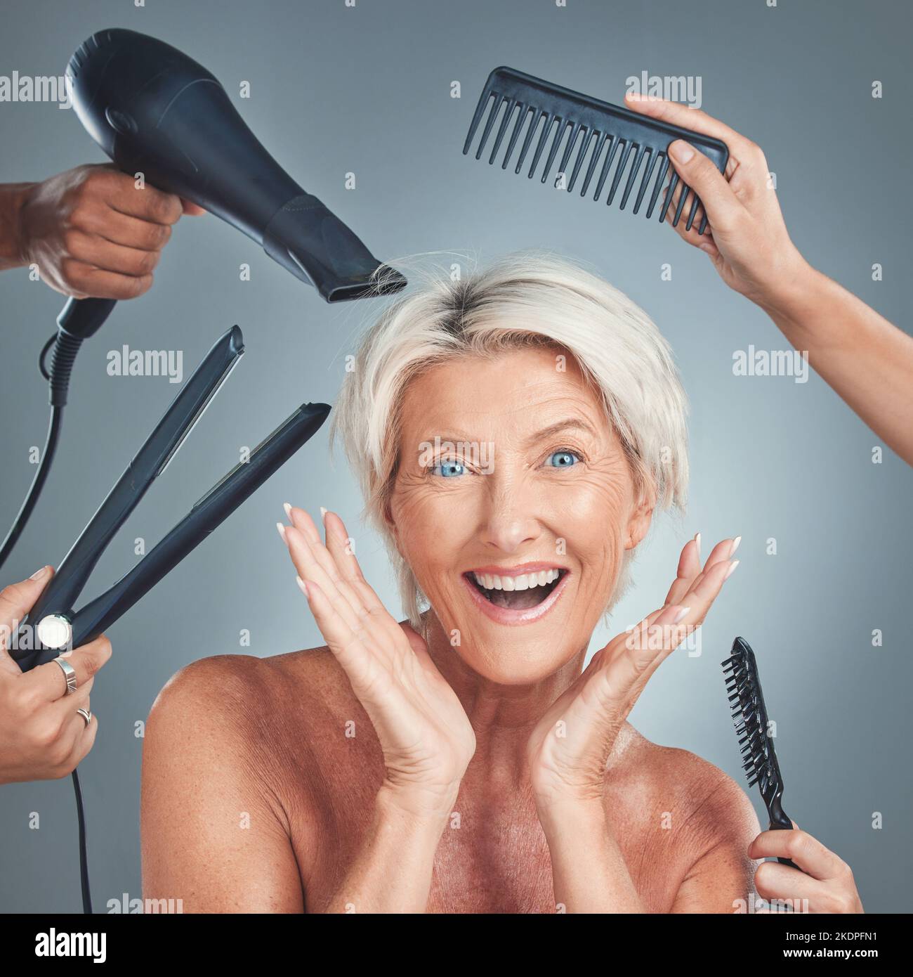 Hair care, excited and senior woman with hairdresser for beauty ...