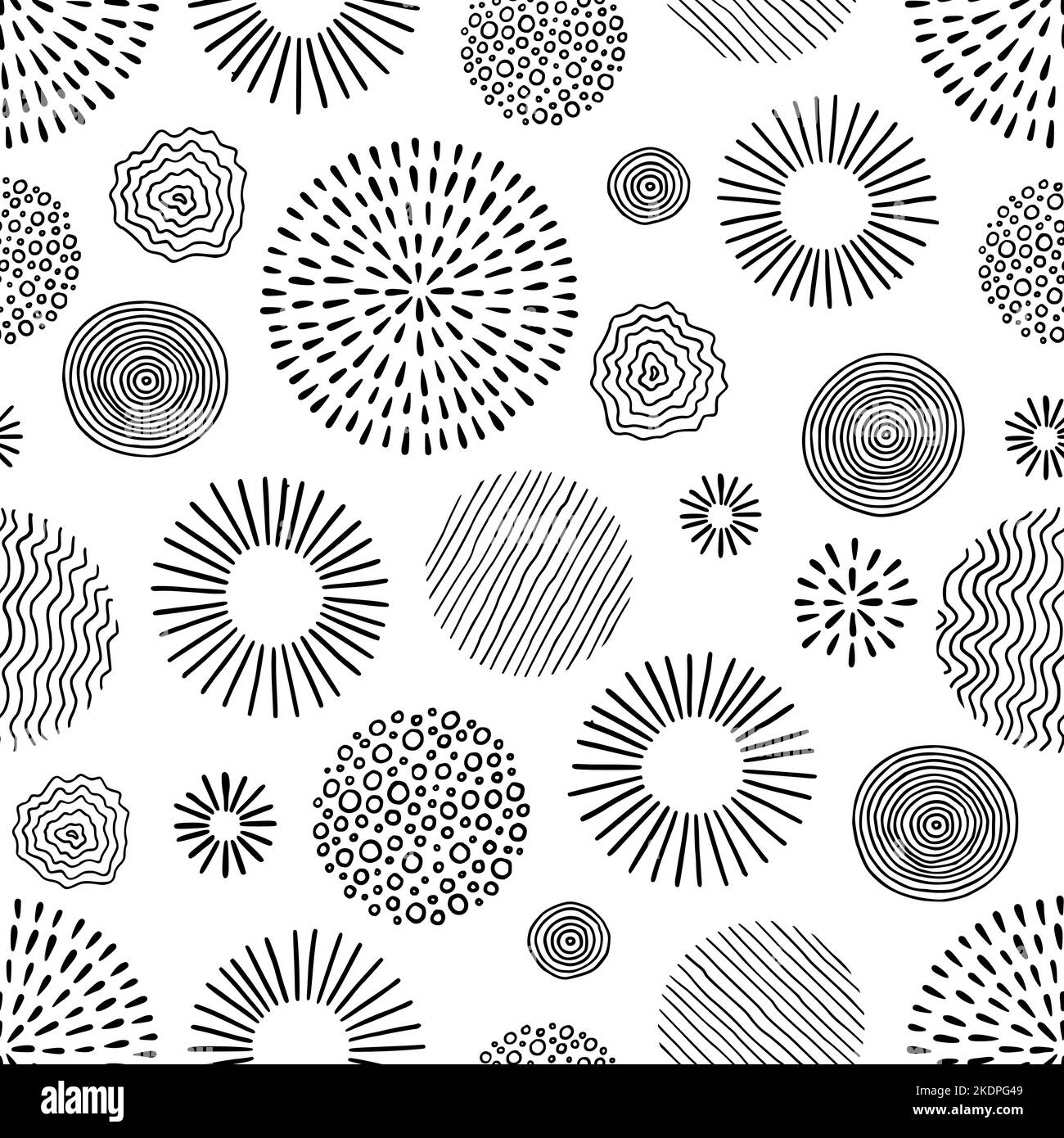 Hand drawn black, white circle seamless pattern. Doodle style abstracrt textured scribble ...