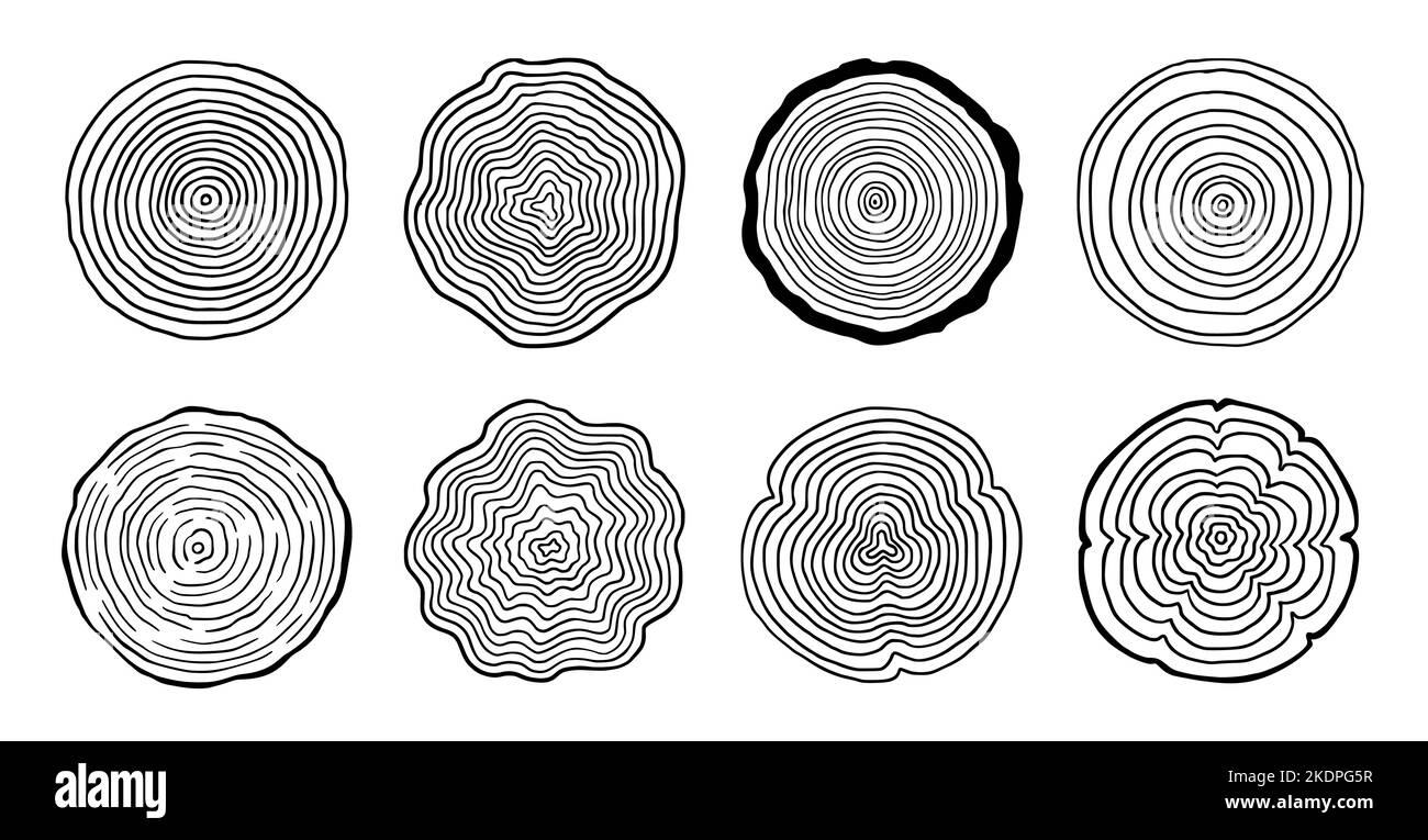 Tree ring wood circle set. Hand drawn tree ring pattern, line ripple ...