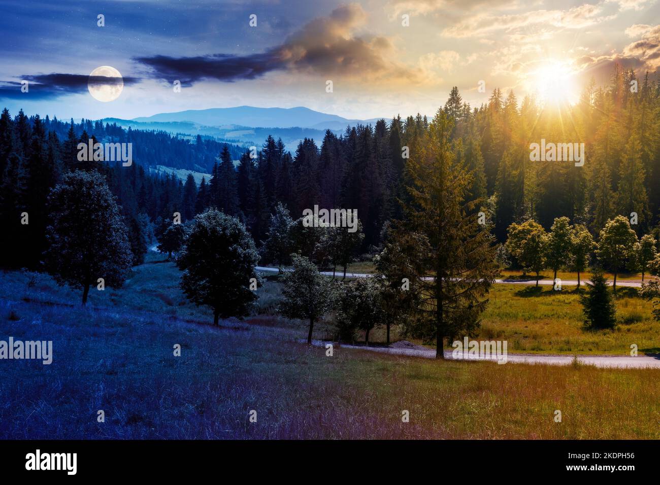 carpathian mountain landscape at summer twilight. day and night time ...