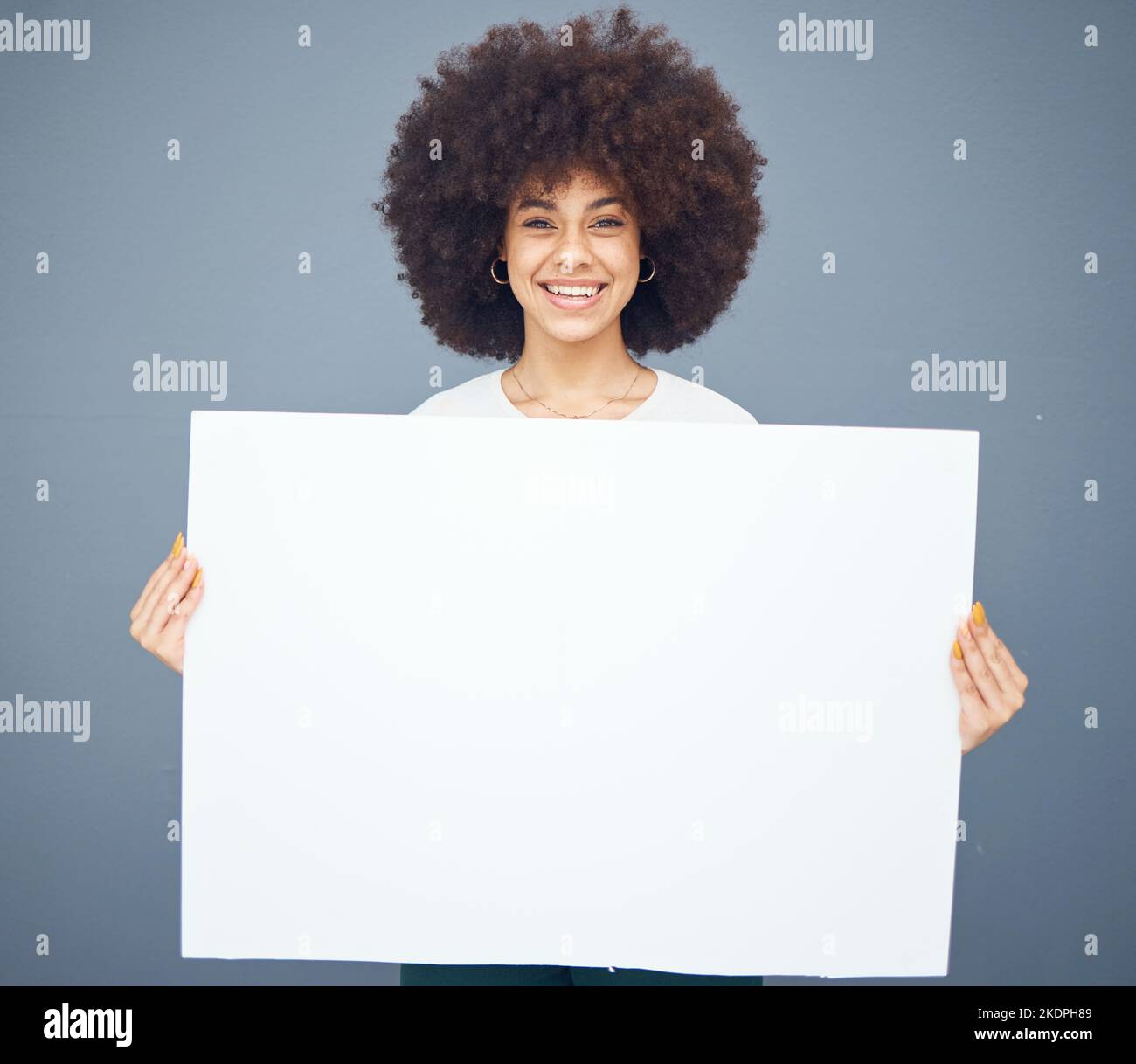 Woman, board and blank placard ready for marketing or advertising ...