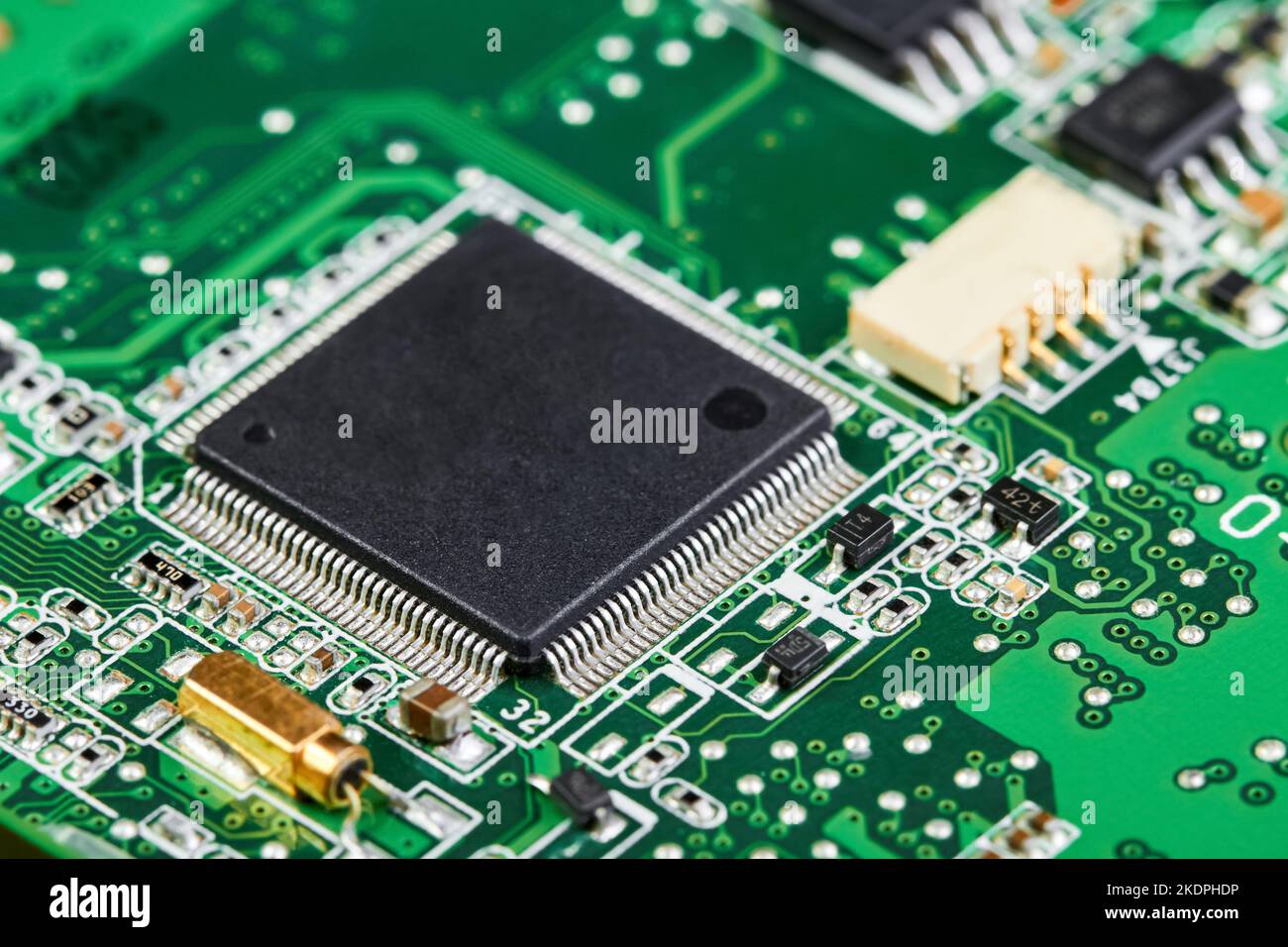 Close-up of computer chip on a part of electronic printed circuit board ...