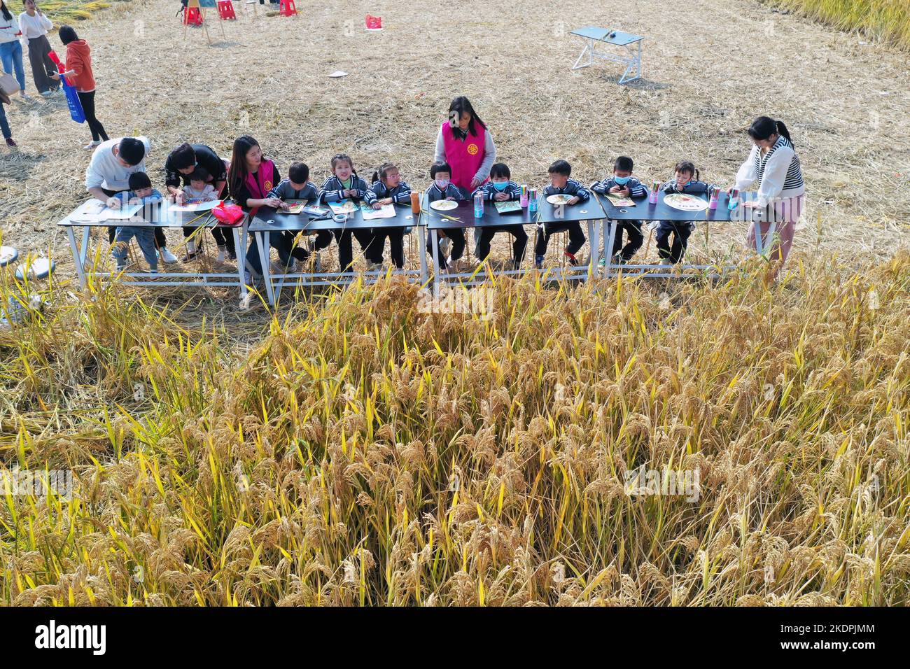 Children in the kindergarten are making harvest paintings in the rice ...