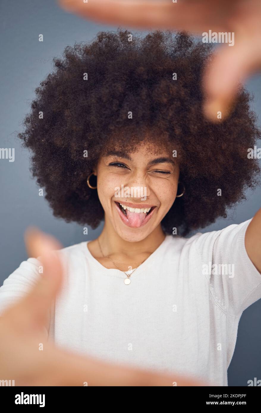 Comic, goofy and woman with hands for frame for marketing, creative and ...