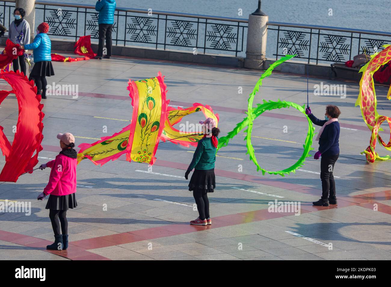 Citizens dance with colored silk and do the yangko dance to celebrate ...