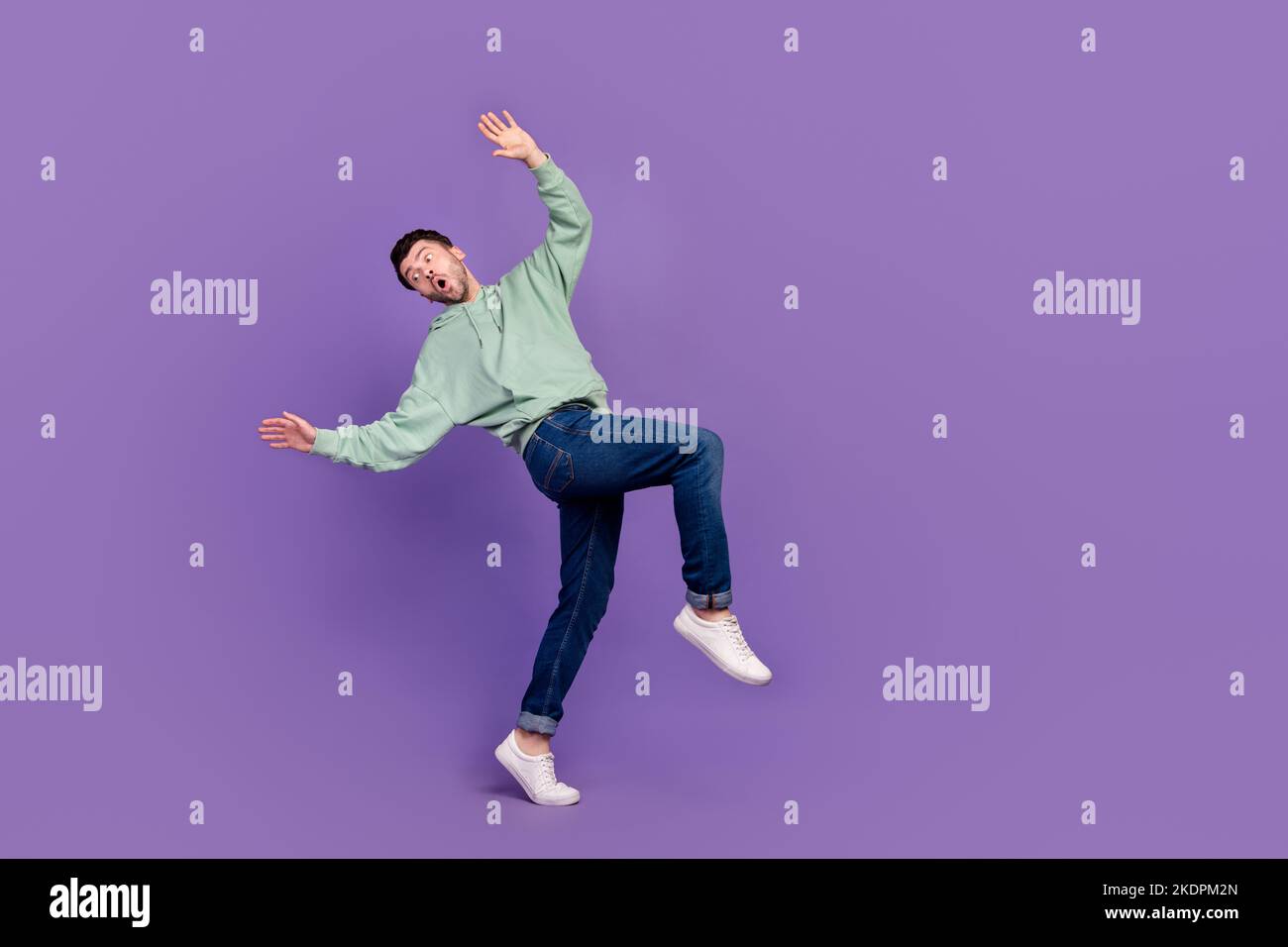 Full body side length photo of young excited stressed man funny ...