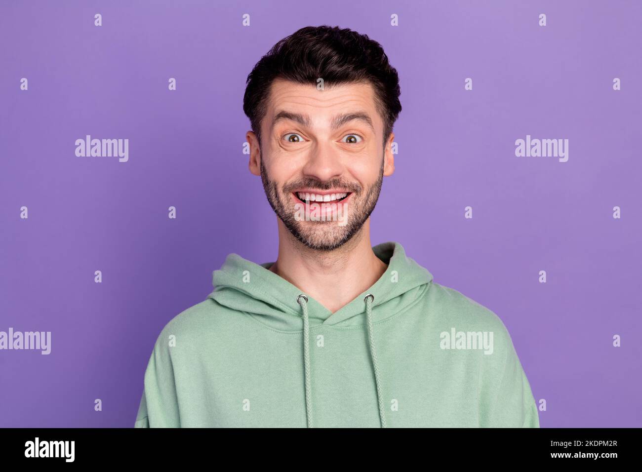 Closeup photo of young funny excited guy bristle good barber hairstyle ...