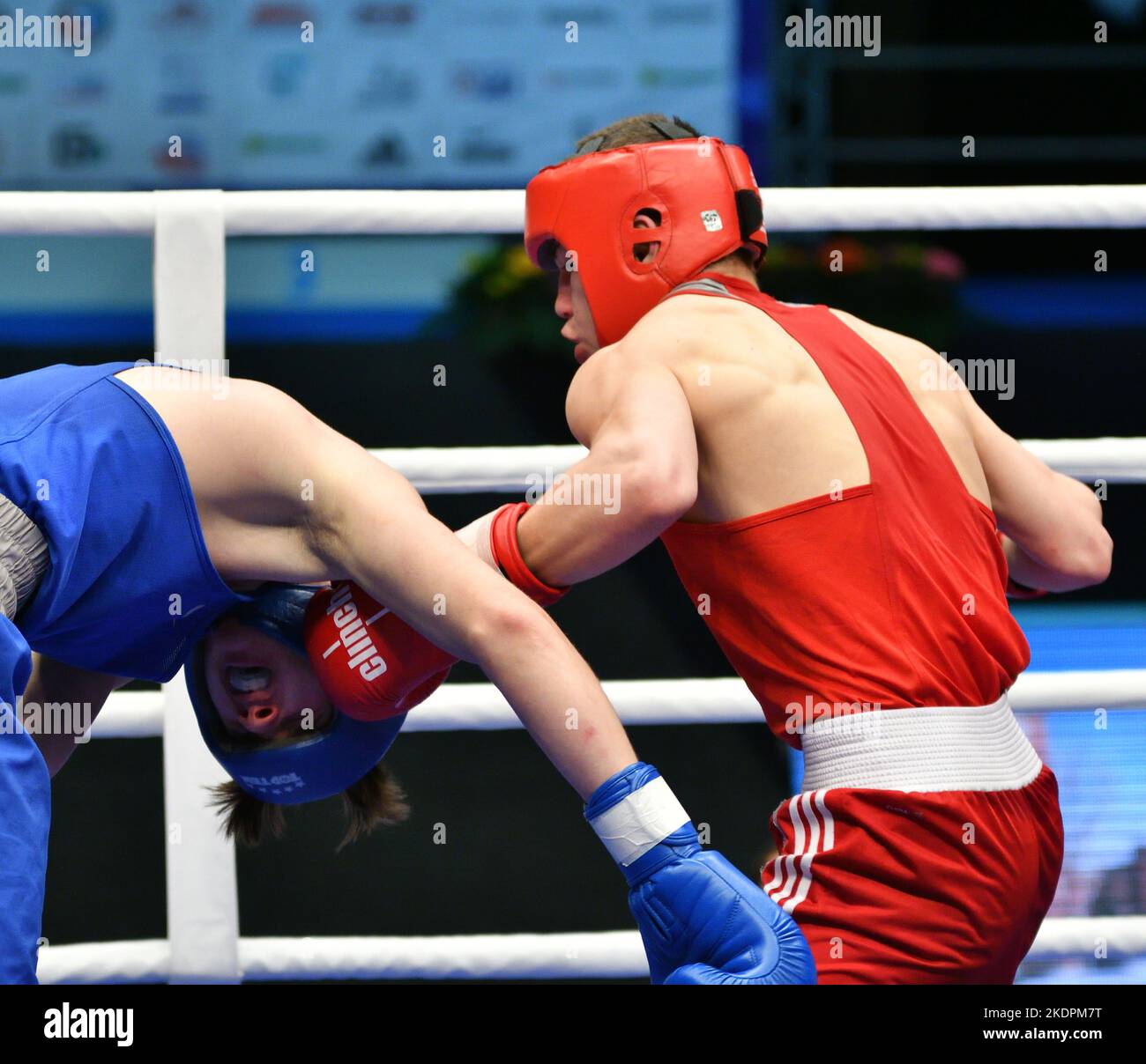 Orenburg, Russia - May 7, 2017: Two boys fighter compete in boxing at ...