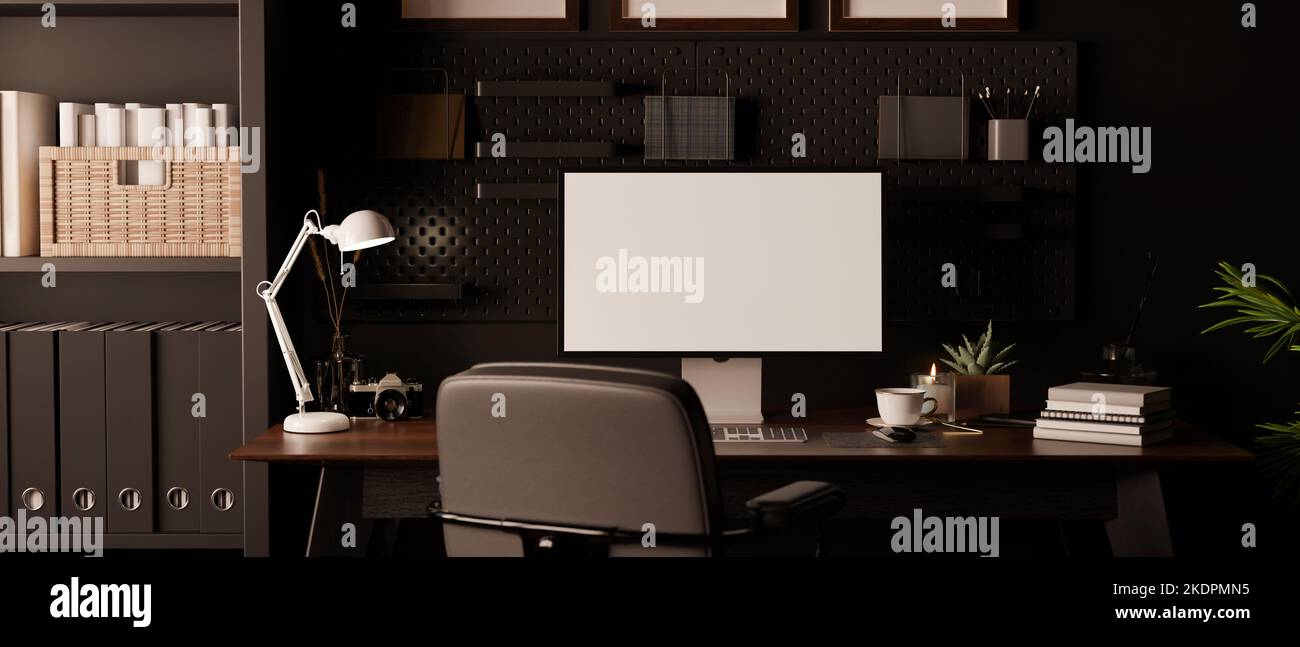Modern dark loft homer workspace interior design with PC desktop ...