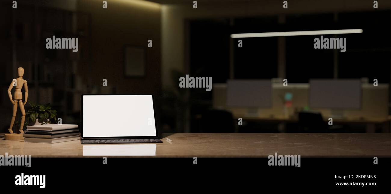 Modern workspace tabletop with portable tablet white screen mockup ...