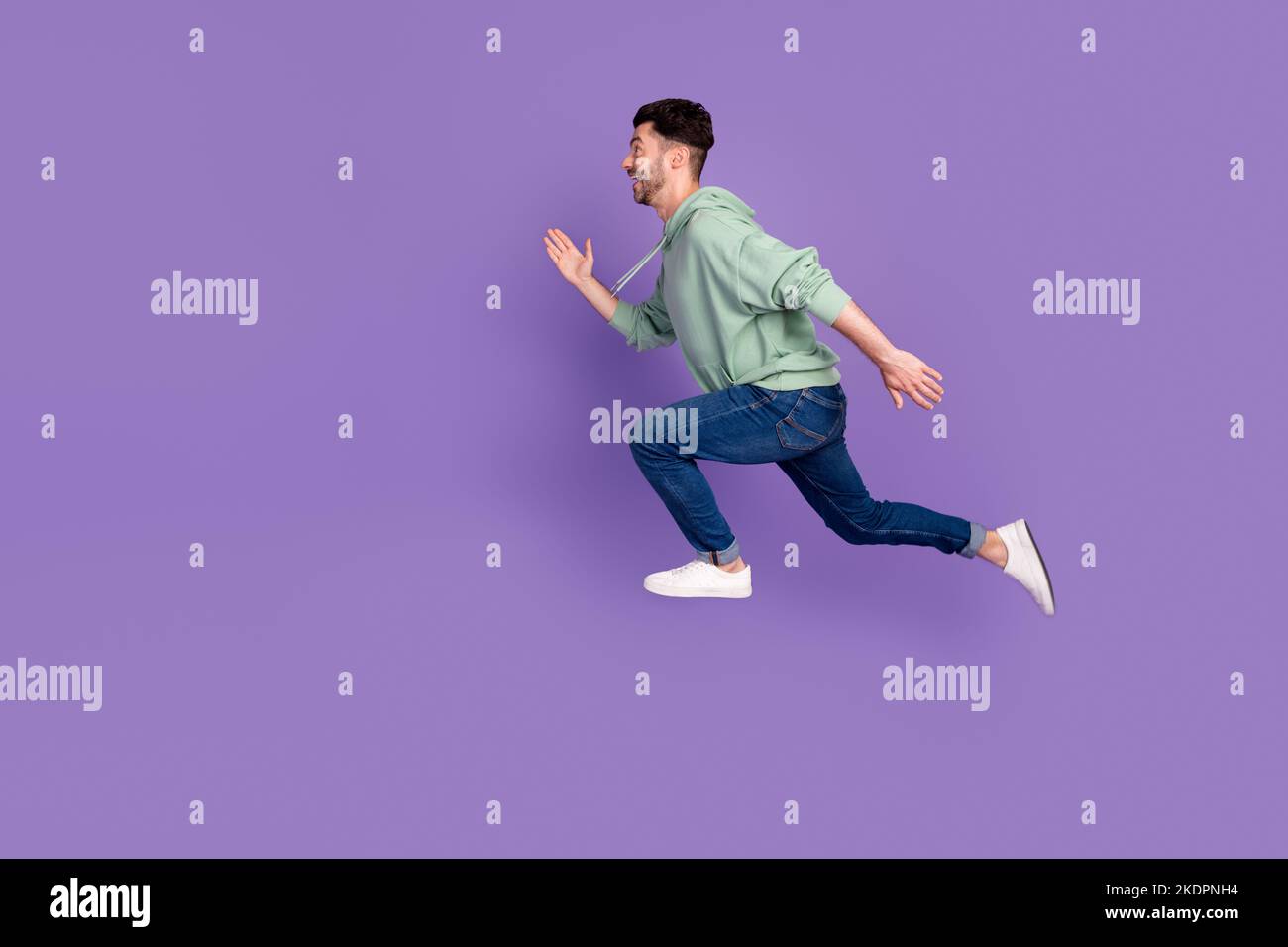 Full size profile portrait of excited carefree person running jump ...