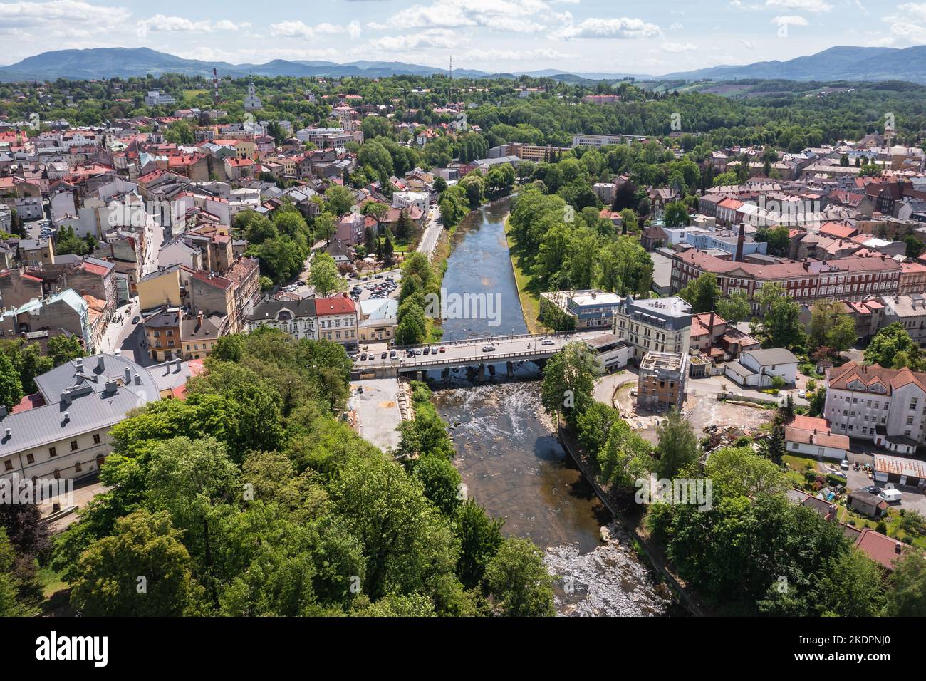Aerial view of Bridge of Friendship over Olza River, Border crossing in ...