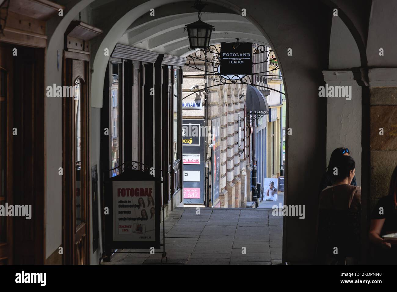 Arcades on Gleboka Street in Old Town of Cieszyn border city in Poland ...