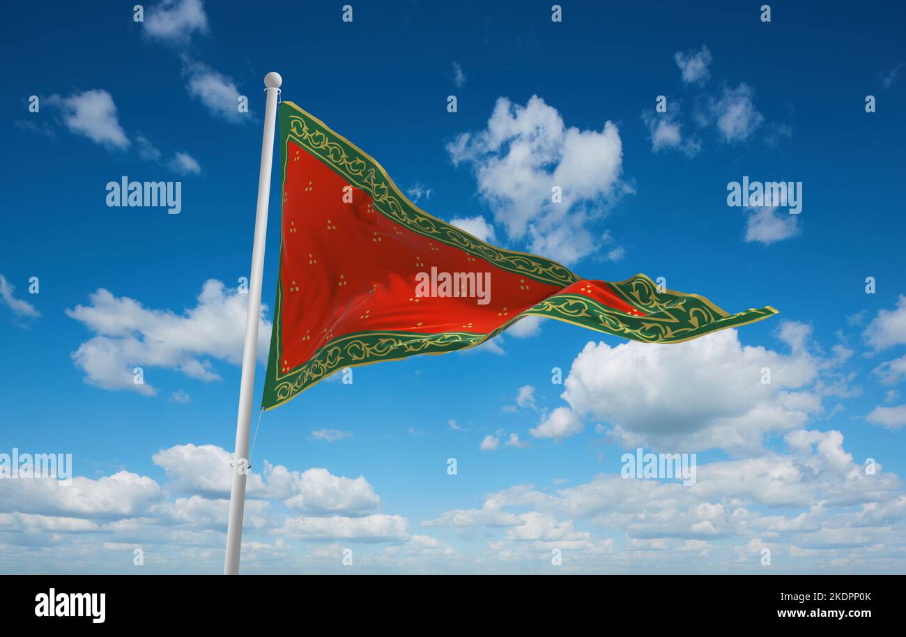 flag of Sikh Empire, asia at cloudy sky background, panoramic view ...