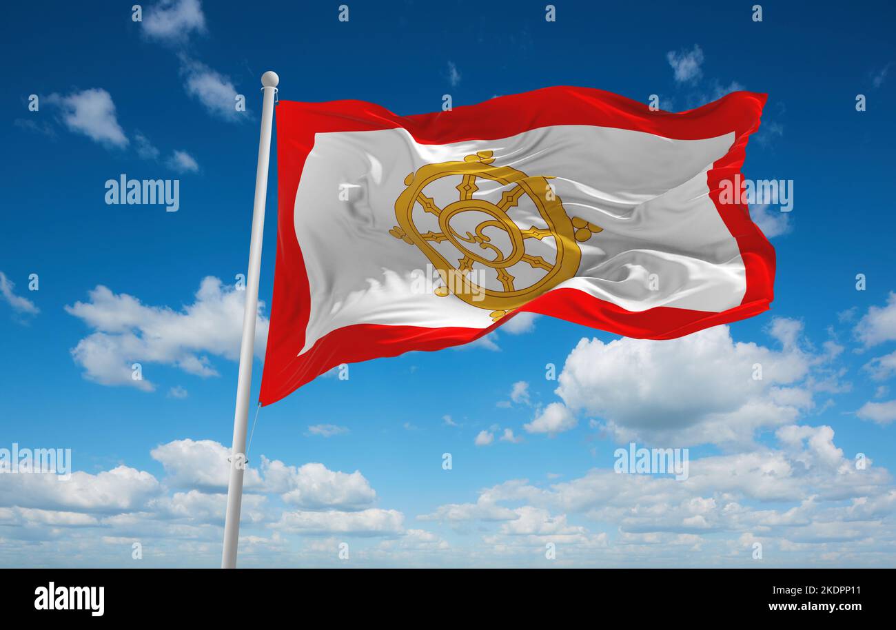 flag of Sikkim 1967 1975, asia at cloudy sky background, panoramic view ...