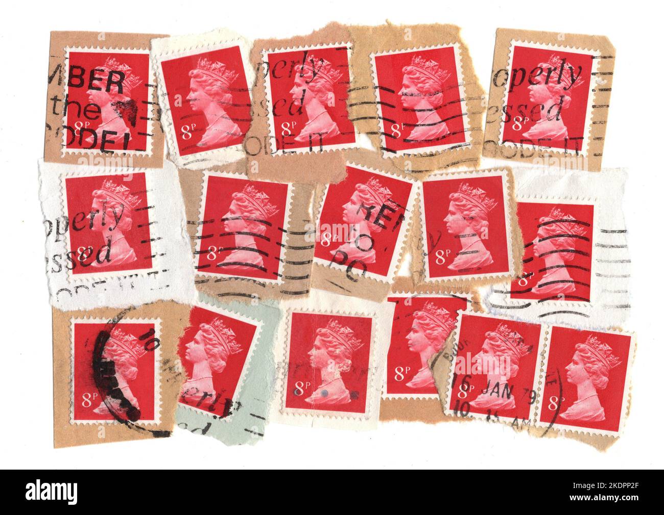 A montage of vintage postage stamps on paper from the United Kingdom ...