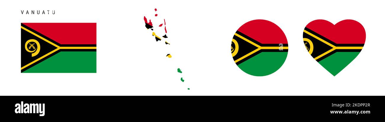Vanuatu flag icon set. Vanuatuan pennant in official colors and proportions. Rectangular, map ...