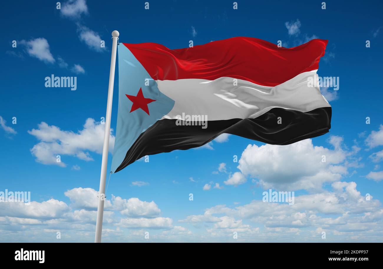 flag of South Yemen, asia at cloudy sky background, panoramic view ...