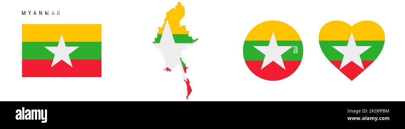 Myanmar flag icon set. Burma pennant in official colors and proportions. Rectangular, map-shaped ...