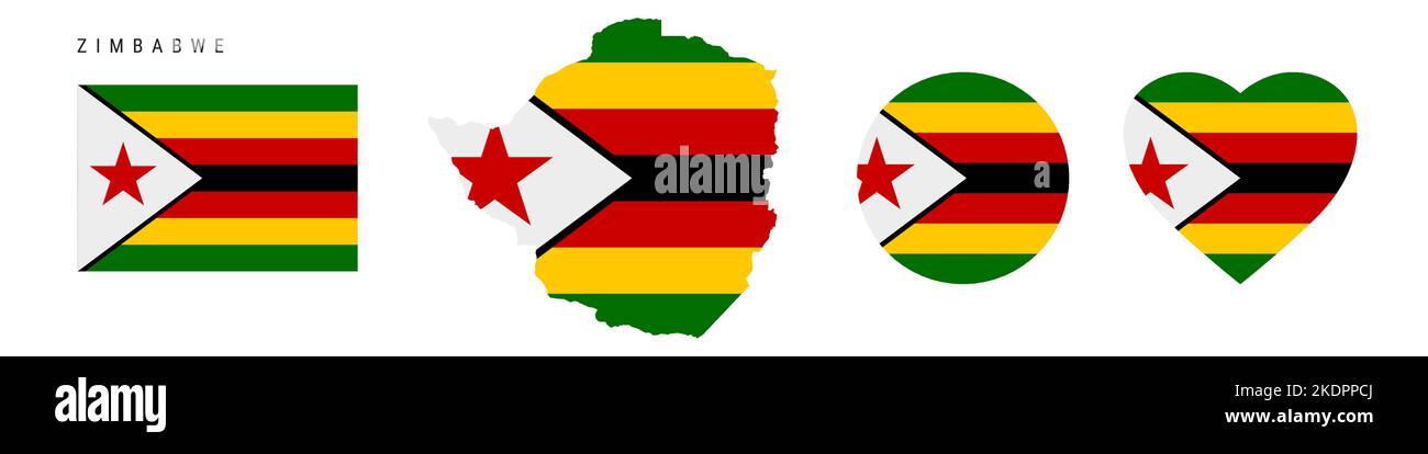Zimbabwe flag icon set. Zimbabwean pennant in official colors and proportions. Rectangular, map ...