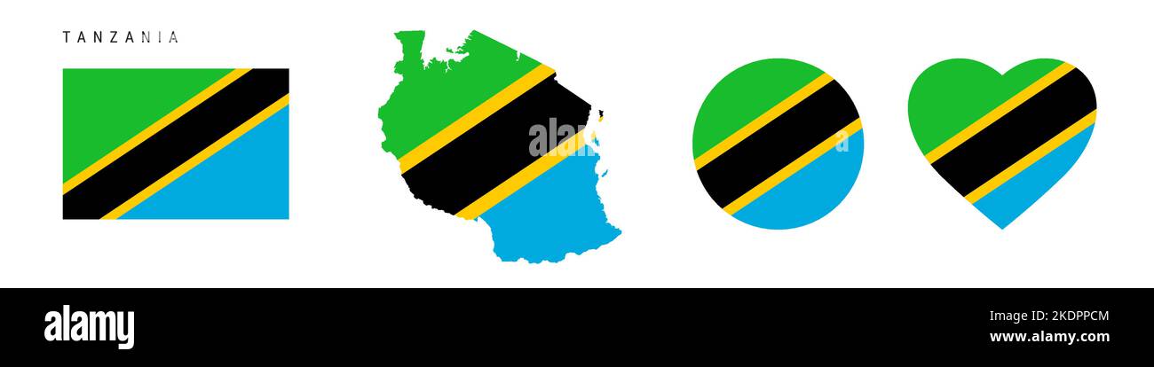 Tanzania flag icon set. Tanzanian pennant in official colors and proportions. Rectangular, map ...
