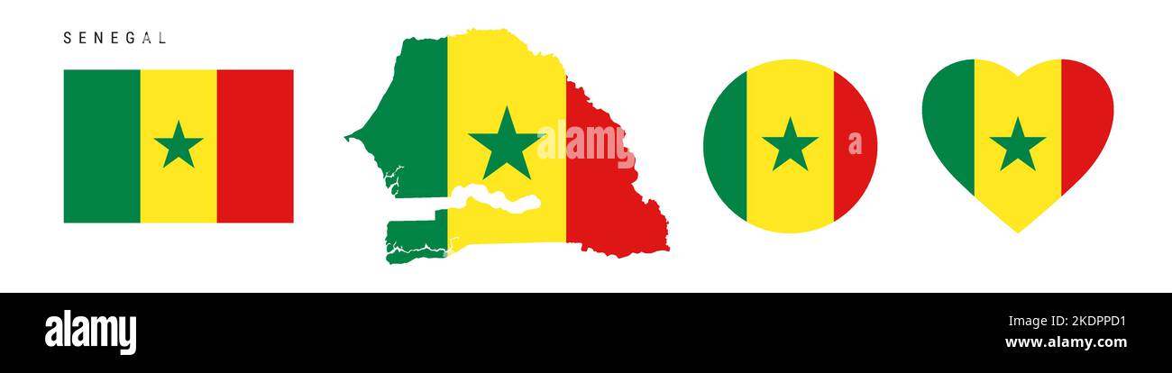 Senegal flag icon set. Senegalese pennant in official colors and proportions. Rectangular, map ...