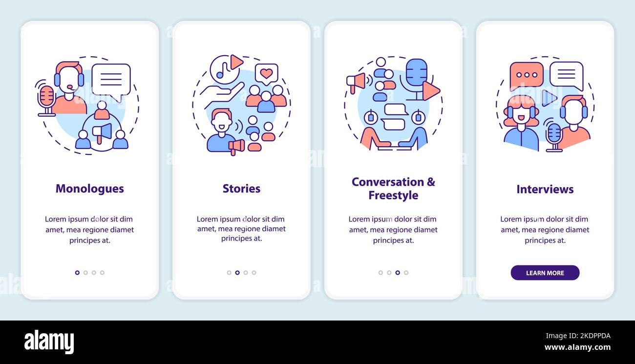 Popular podcast types onboarding mobile app screen Stock Vector Image ...
