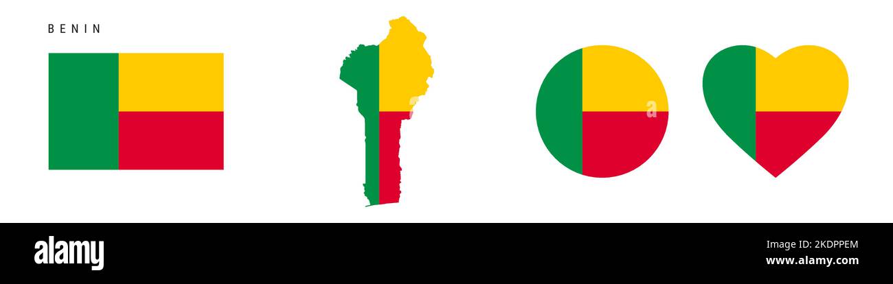 Benin flag icon set. Dahomey pennant in official colors and proportions. Rectangular, map-shaped ...