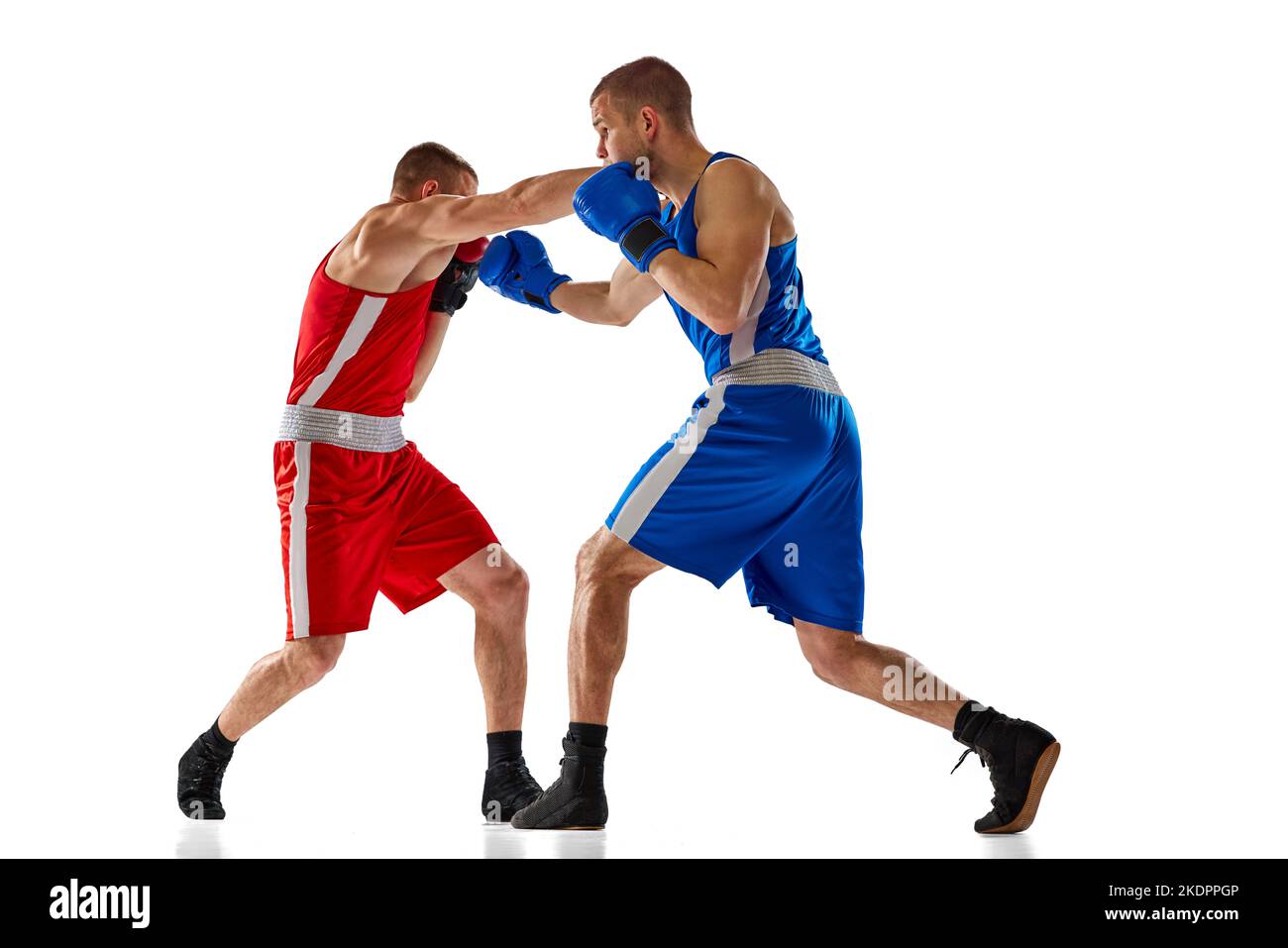 Fight. Dynamic portrait of two professional boxer in sports uniform ...