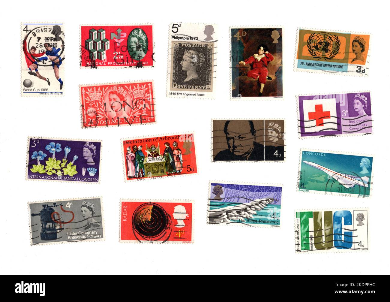 A montage of vintage postage stamps from the United Kingdom on a white ...