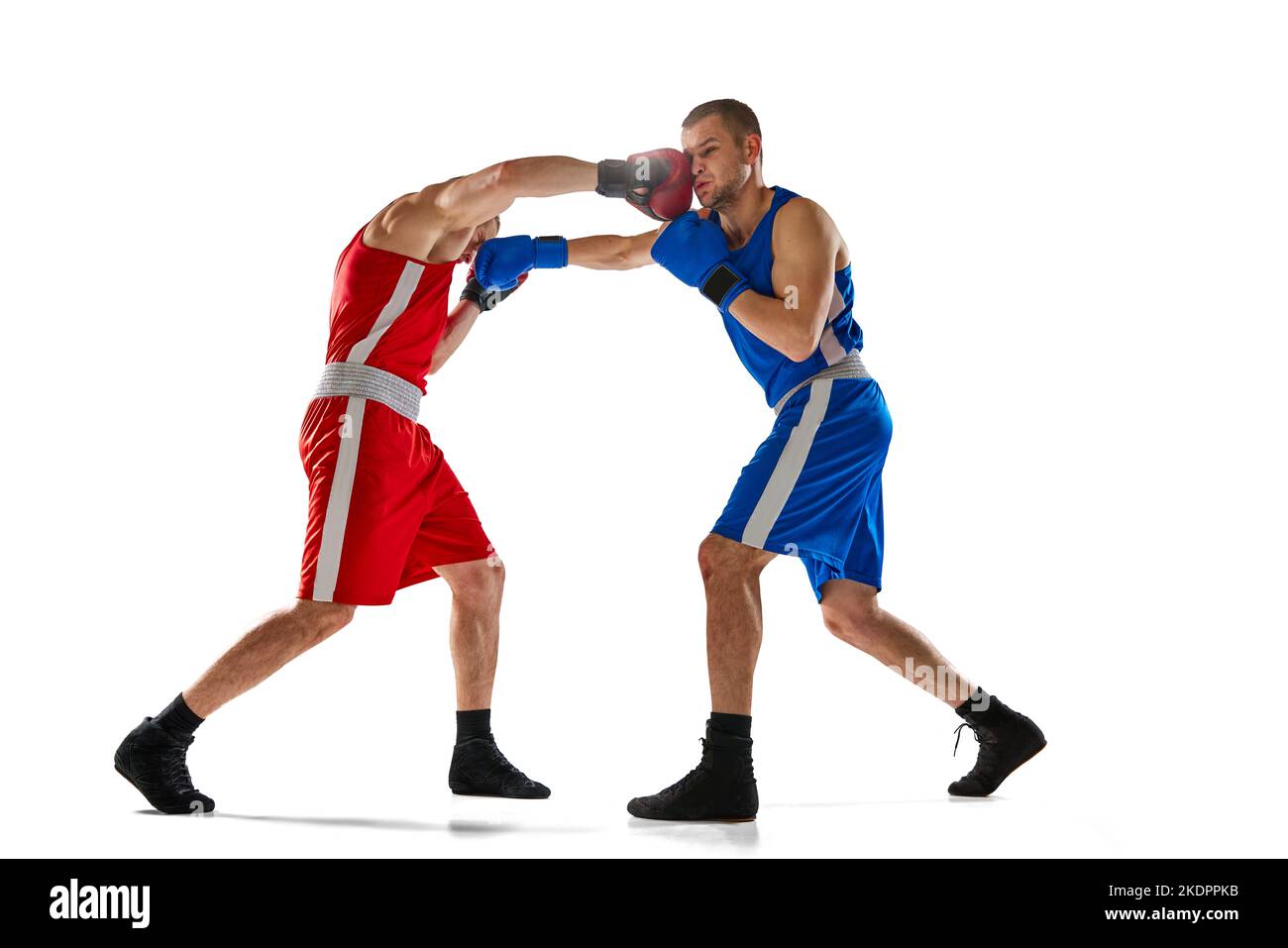 Fight. Dynamic portrait of two professional boxer in sports uniform ...