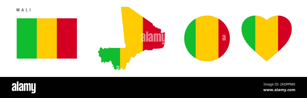 Mali flag icon set. Malian pennant in official colors and proportions. Rectangular, map-shaped ...