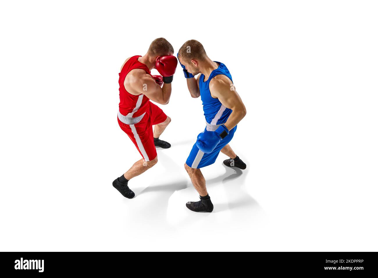 Aerial view of two muscular professional boxers in blue and red ...