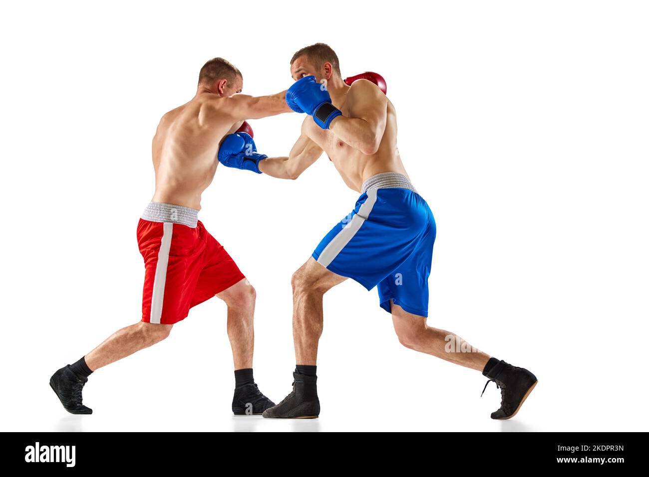 Fight. Dynamic portrait of two professional boxer in sports uniform ...