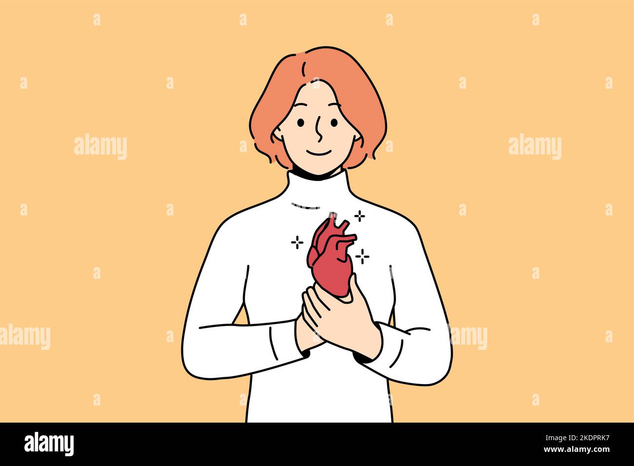 Smiling young man holding heart in hands. Happy female demonstrate ...