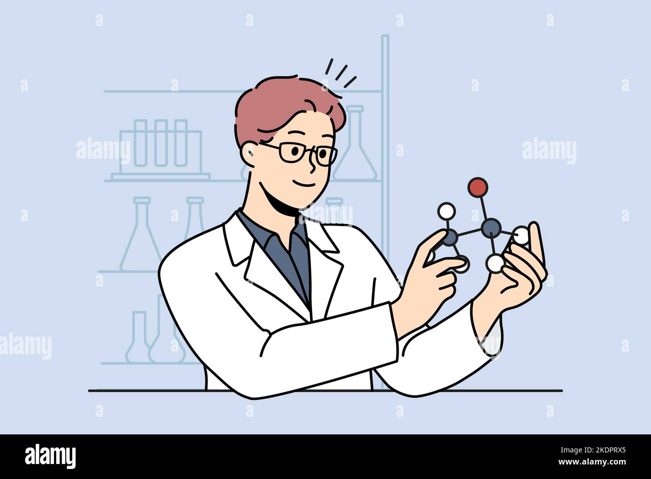 Smiling male scientist working with atom model in laboratory. Happy man ... Smiling male scientist working with atom model in laboratory. Happy man ...