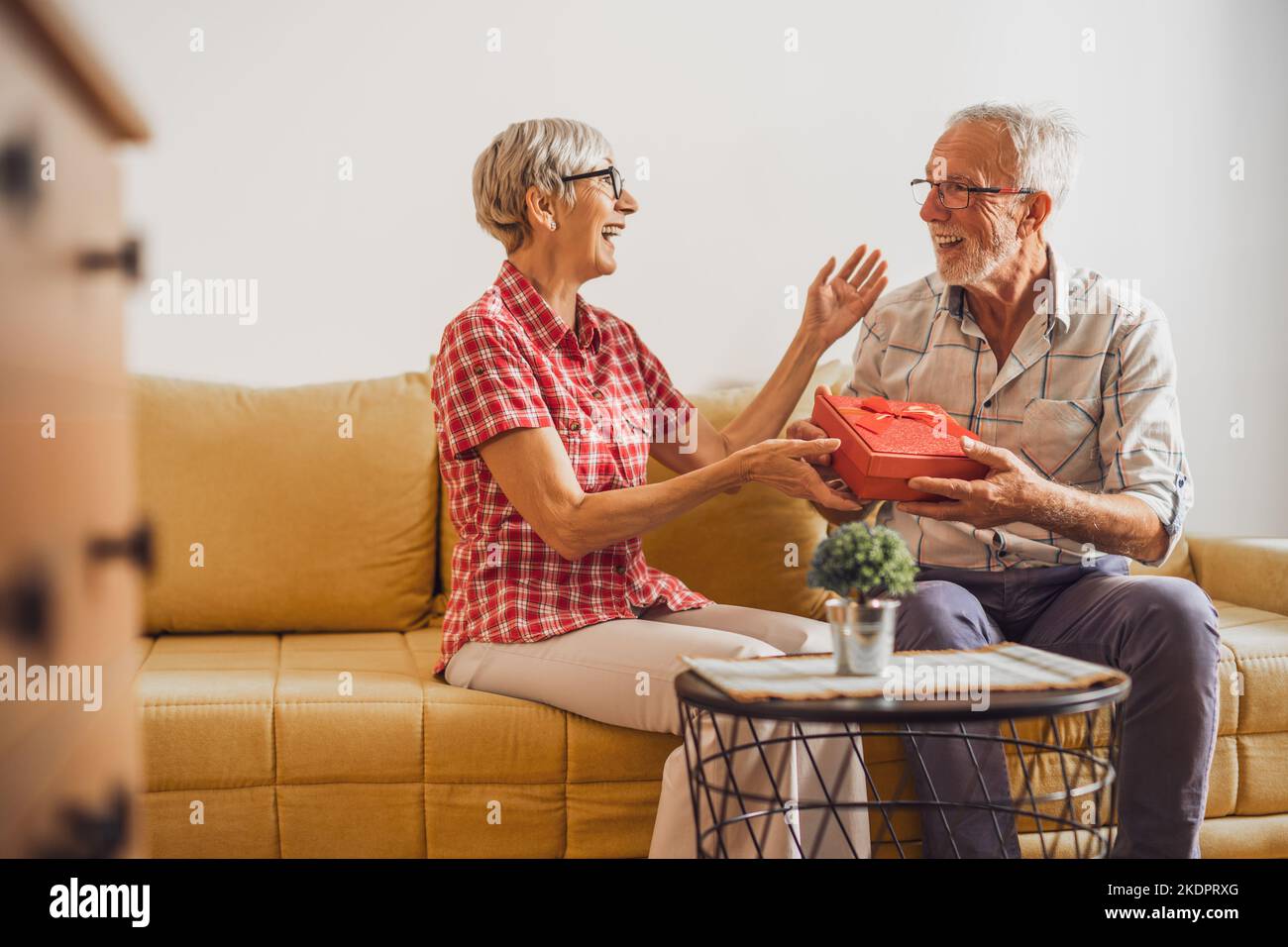 Senior couple sitting in living room and celebrating their anniversary ...