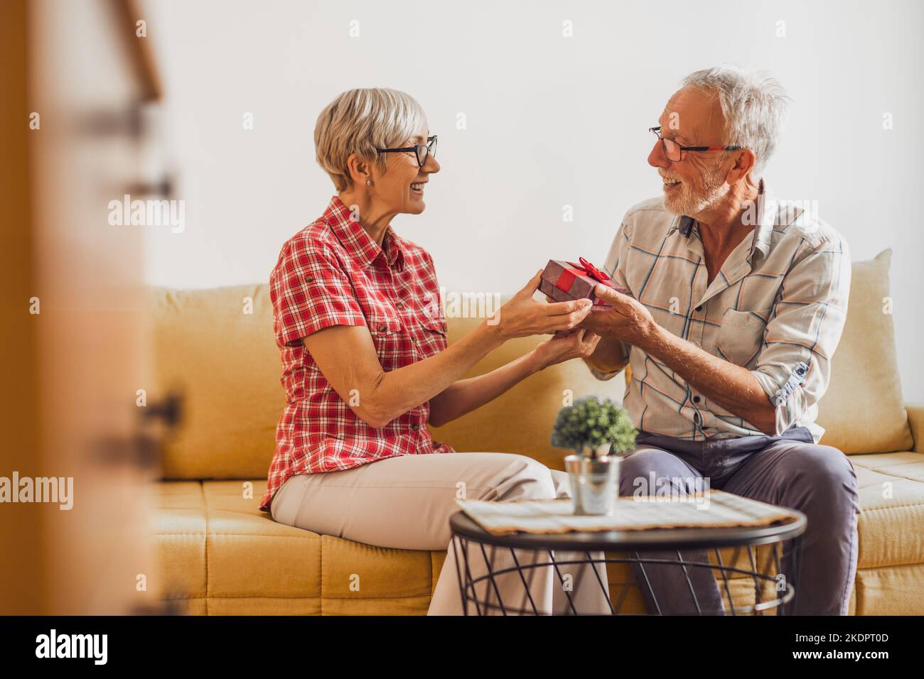 Senior couple sitting in living room and celebrating their anniversary ...