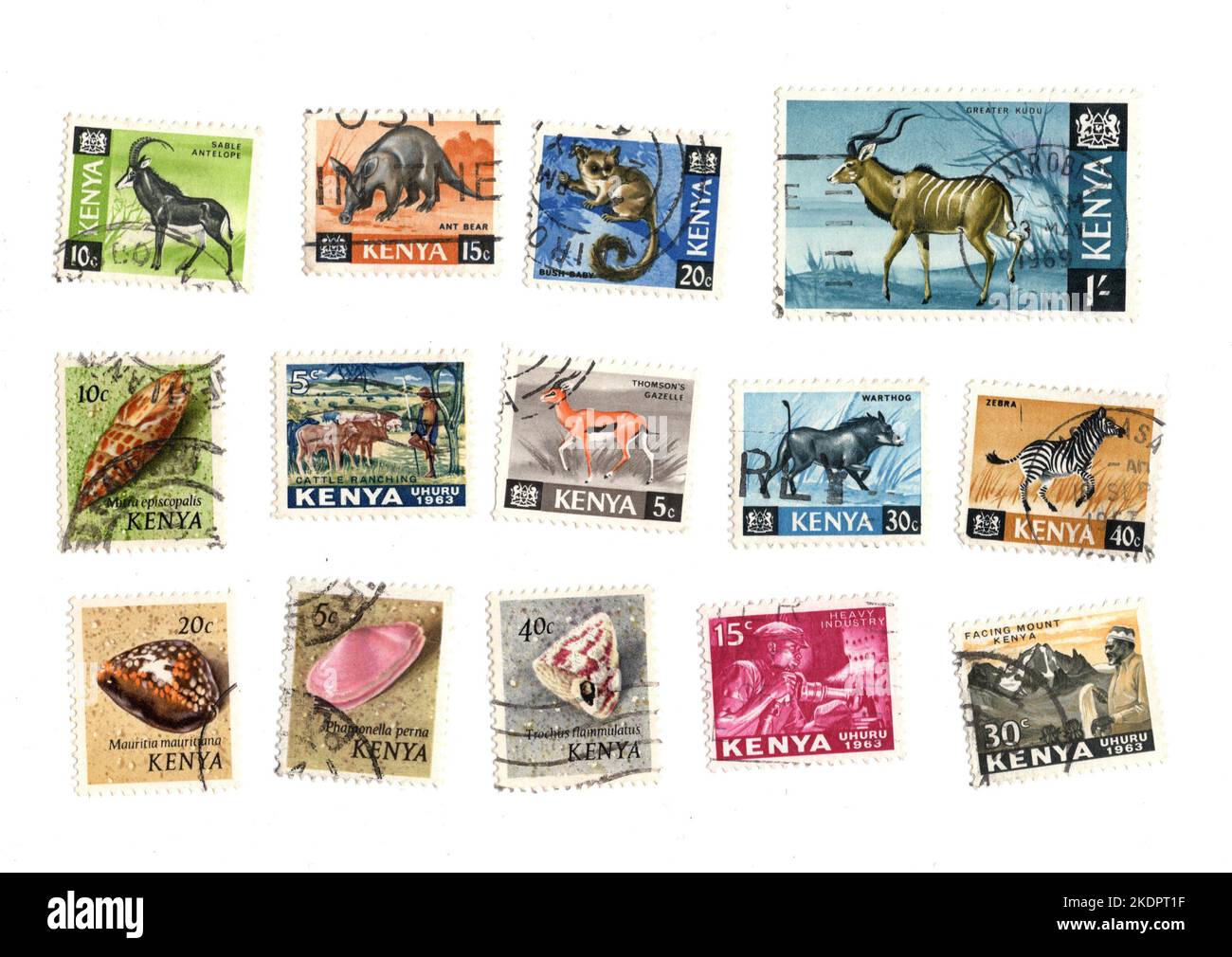 A montage of vintage postage stamps from Kenya on a white background ...