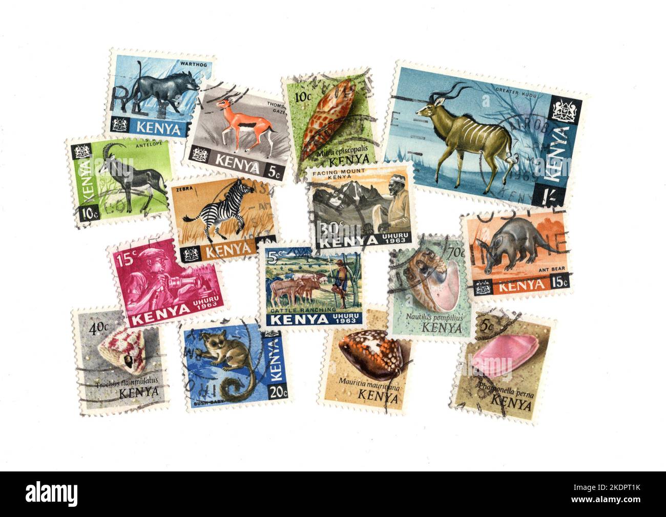 A montage of vintage postage stamps from Kenya on a white background ...