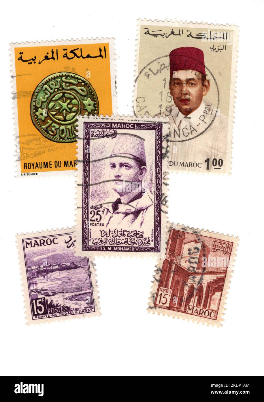A montage of vintage postage stamps from Maroc on a white background ...
