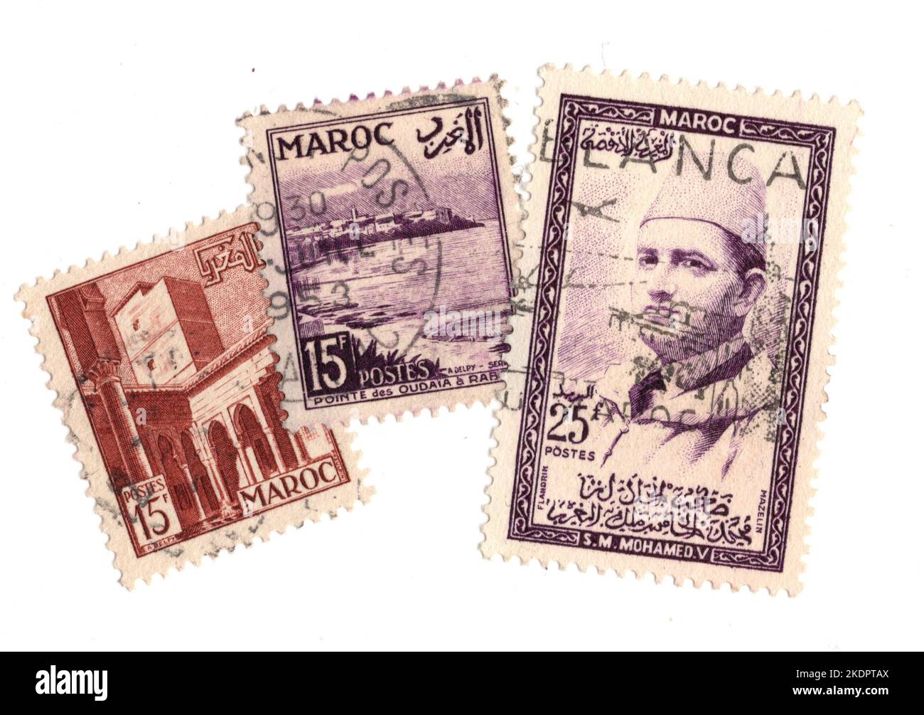 A montage of vintage postage stamps from Maroc on a white background ...