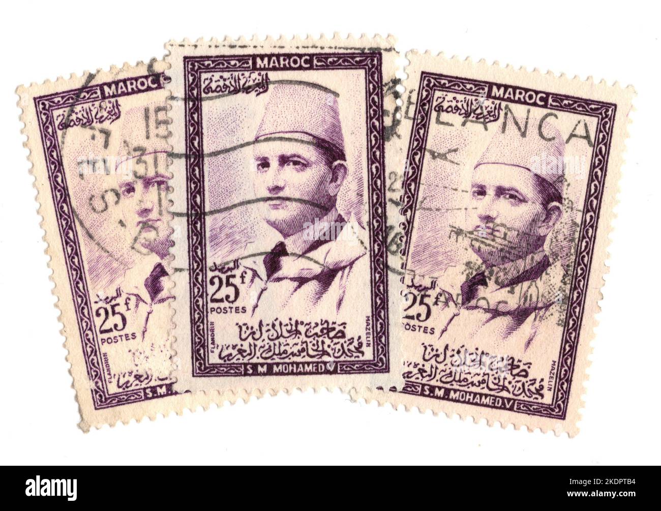 A montage of vintage postage stamps from Maroc on a white background ...