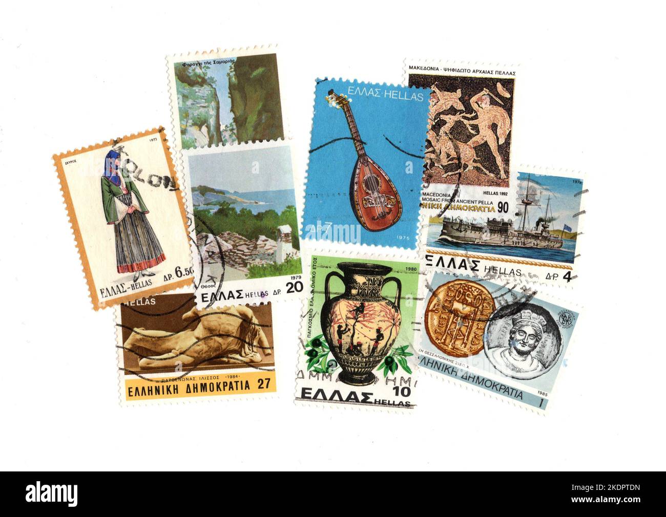 A montage of vintage postage stamps from Greece on a white background ...