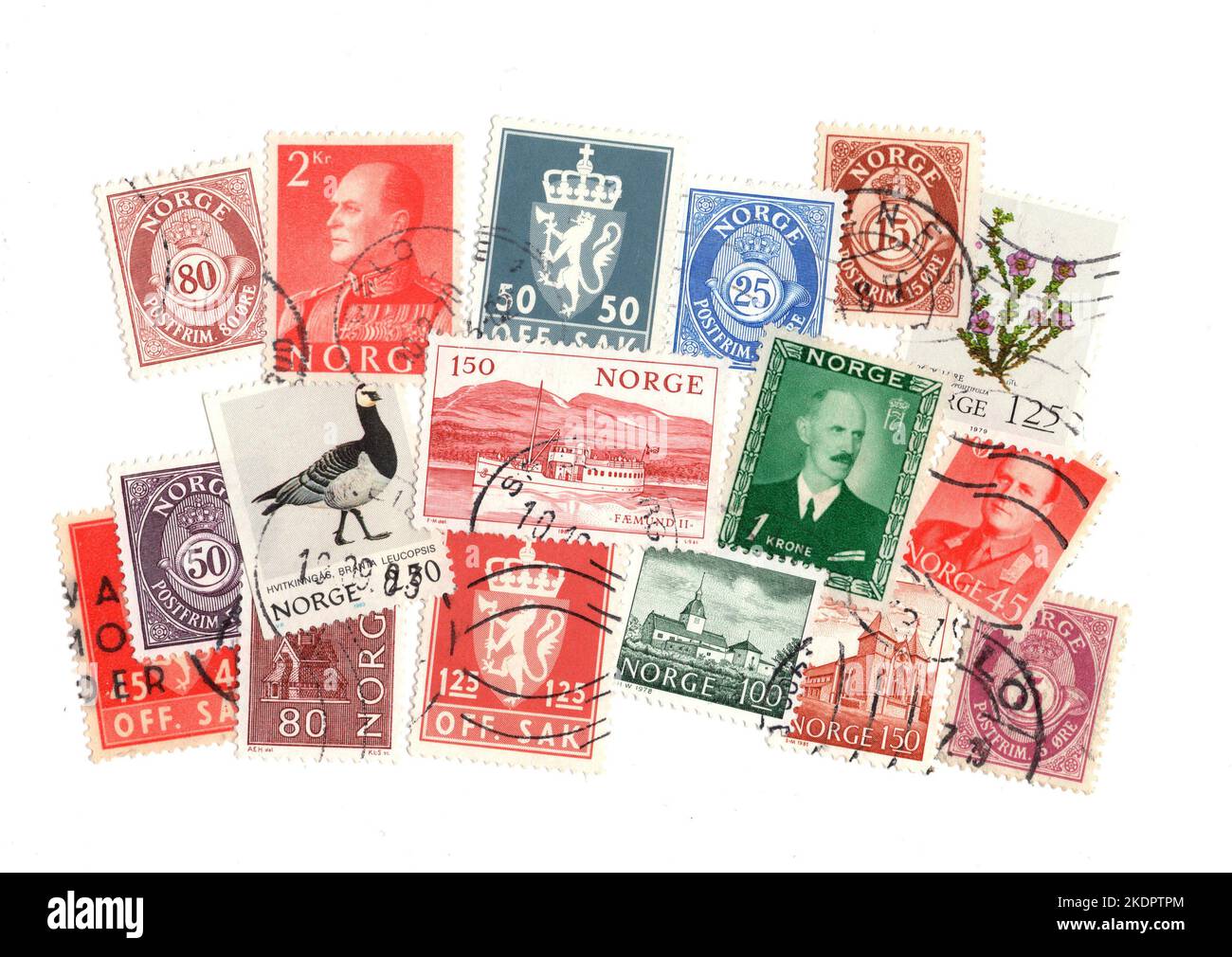 A montage of vintage postage stamps from Norway on a white background ...