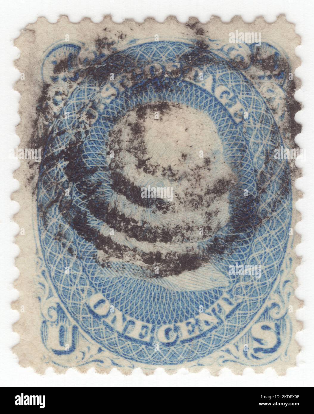 USA - 1861: An 1 cent blue postage stamp depicting portrait of Benjamin ...