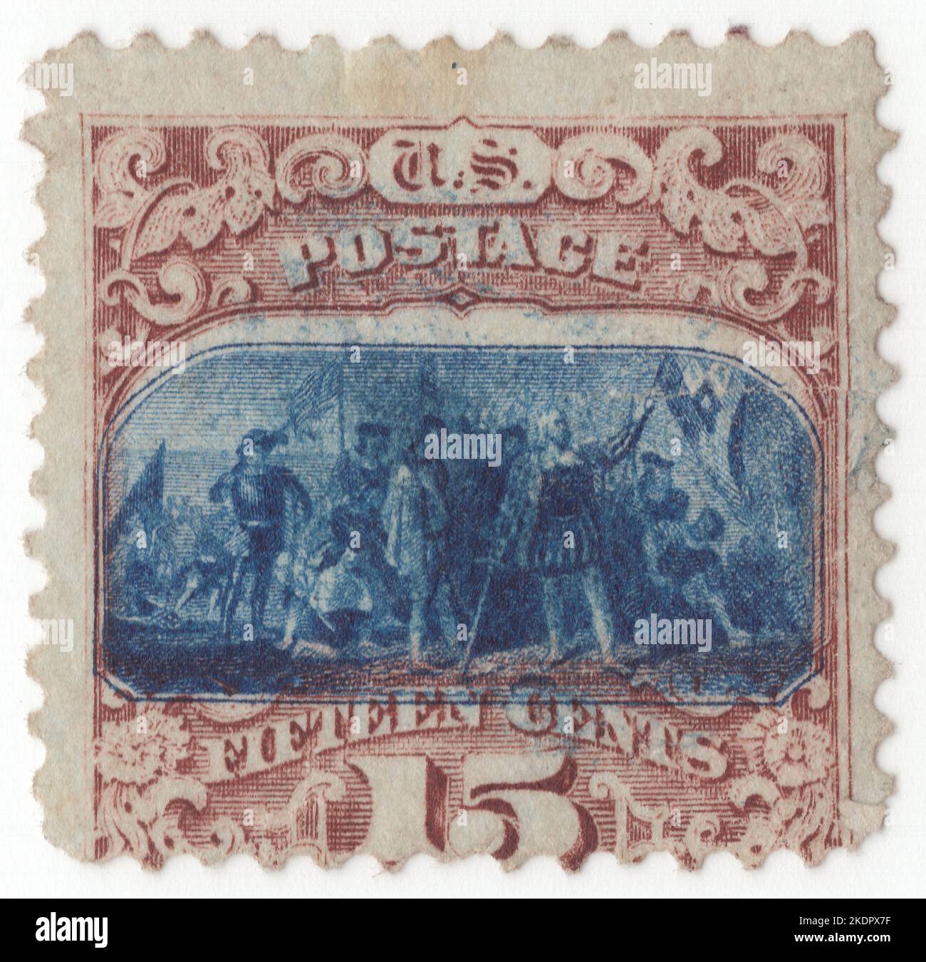 USA - 1869: An 15 cents brown and blue postage stamp depicting Landing ...