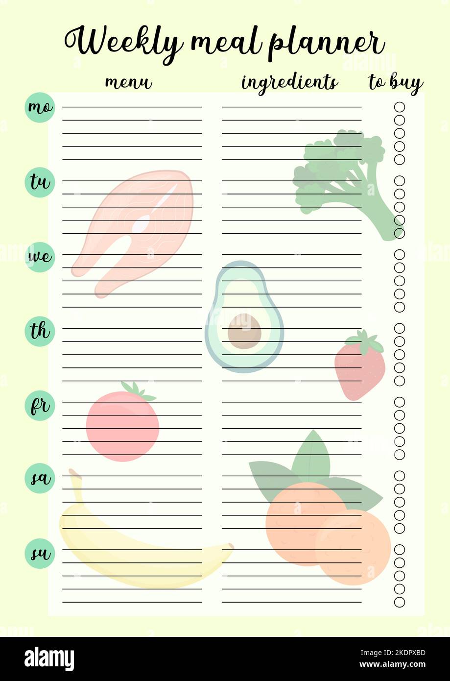 Weekly meal planner printable page. Vector template of daily cooking ...