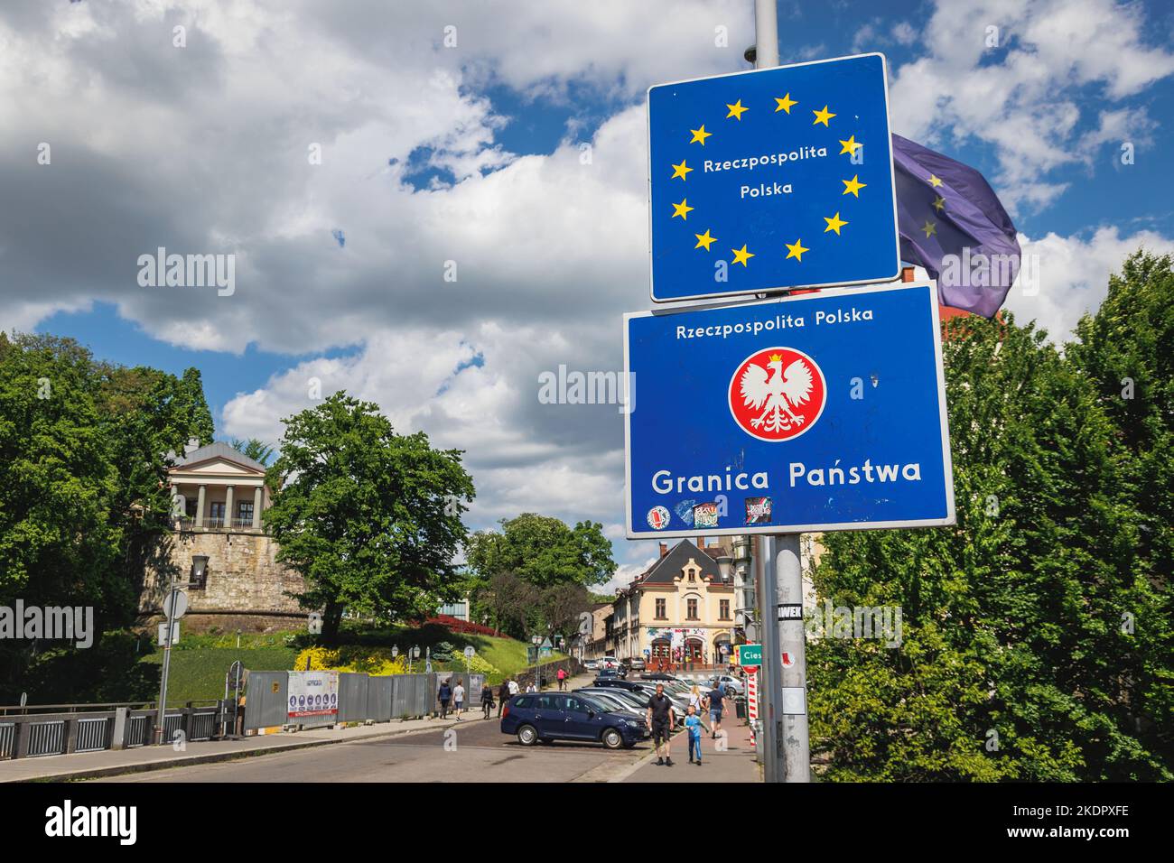 Republic of Poland with Coat of arms sign on Bridge of Friendship ...